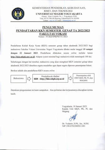 PENGUMUMAN PENDAFTARAN KKN ONLINE FAKULTAS VOKASI SEMESTER GENAP TAHUN AJARAN 2022/2023 | Unit ...